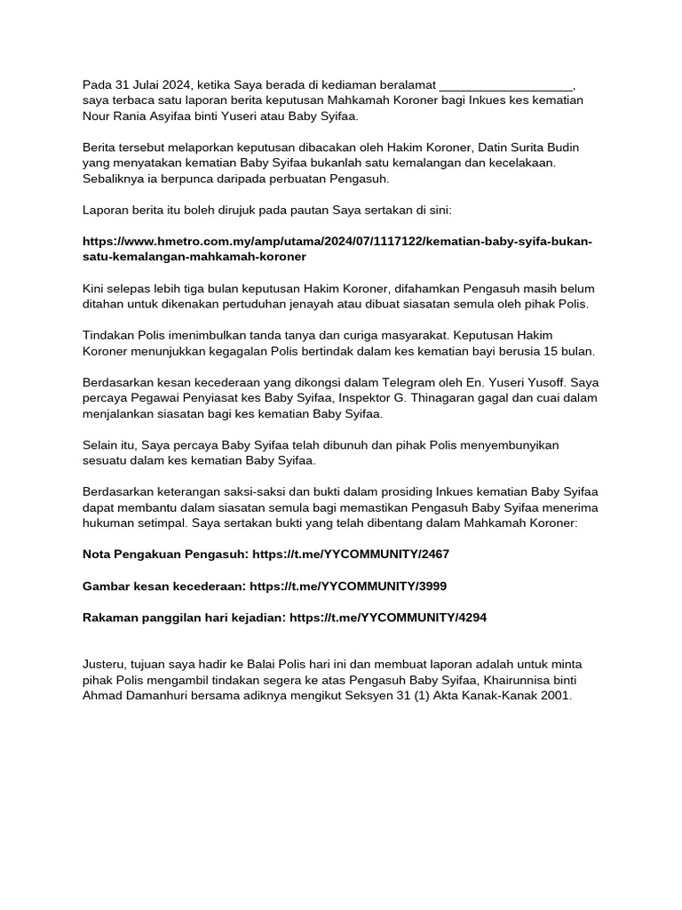 Laporan Kes Baby Nour Rania Asyifaa Binti Yuseri | PDF