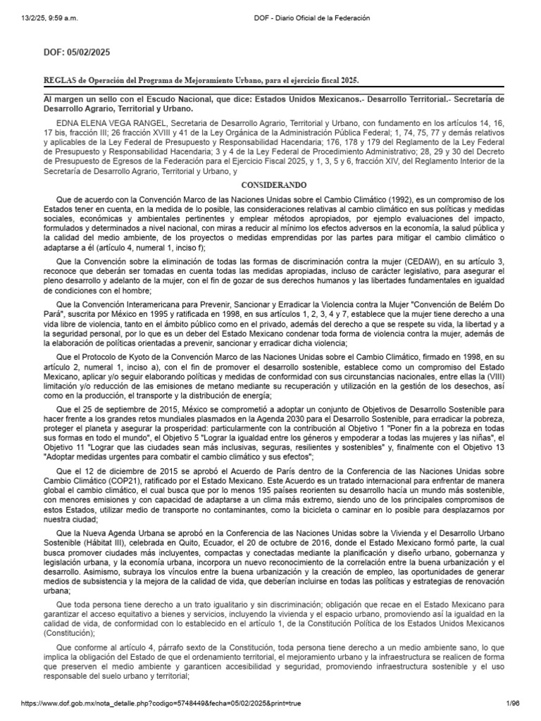 DOF - Reglas de Operacion Prog Mejoramiento Urbano 2025 | PDF | Sustentabilidad | México