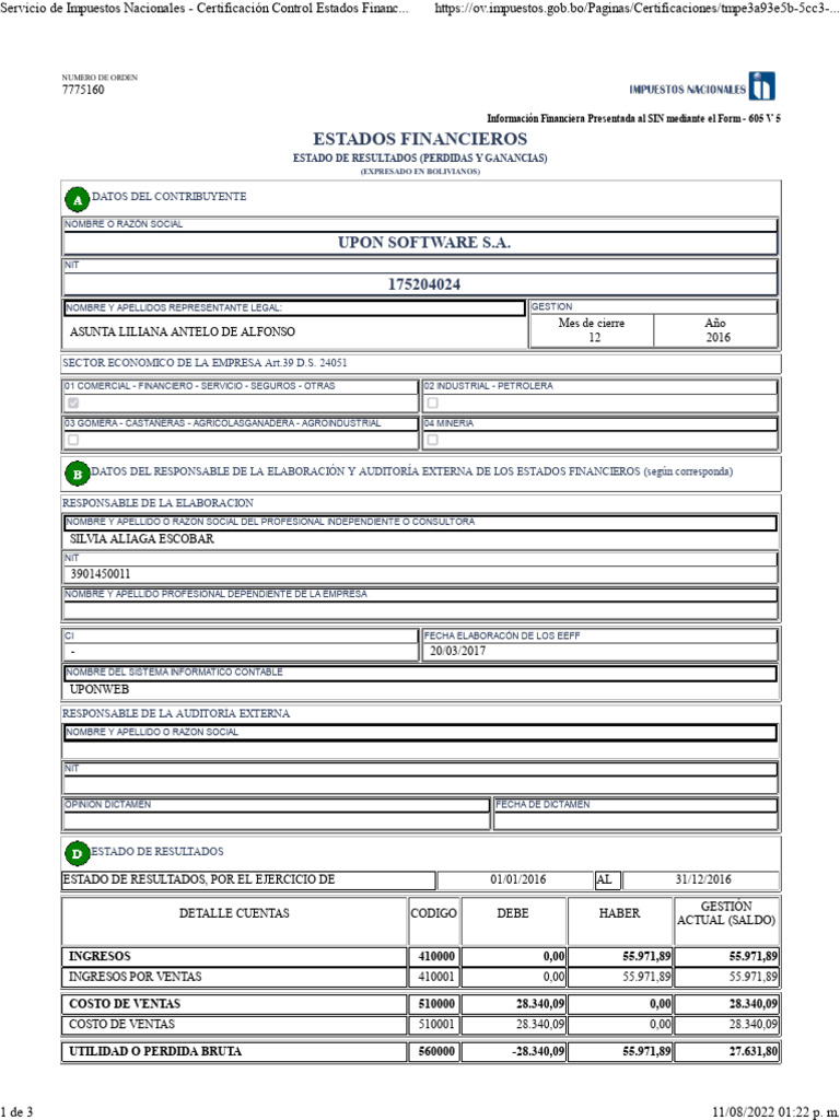 eerr upon 2016 | PDF | Estado de resultados | Auditoría