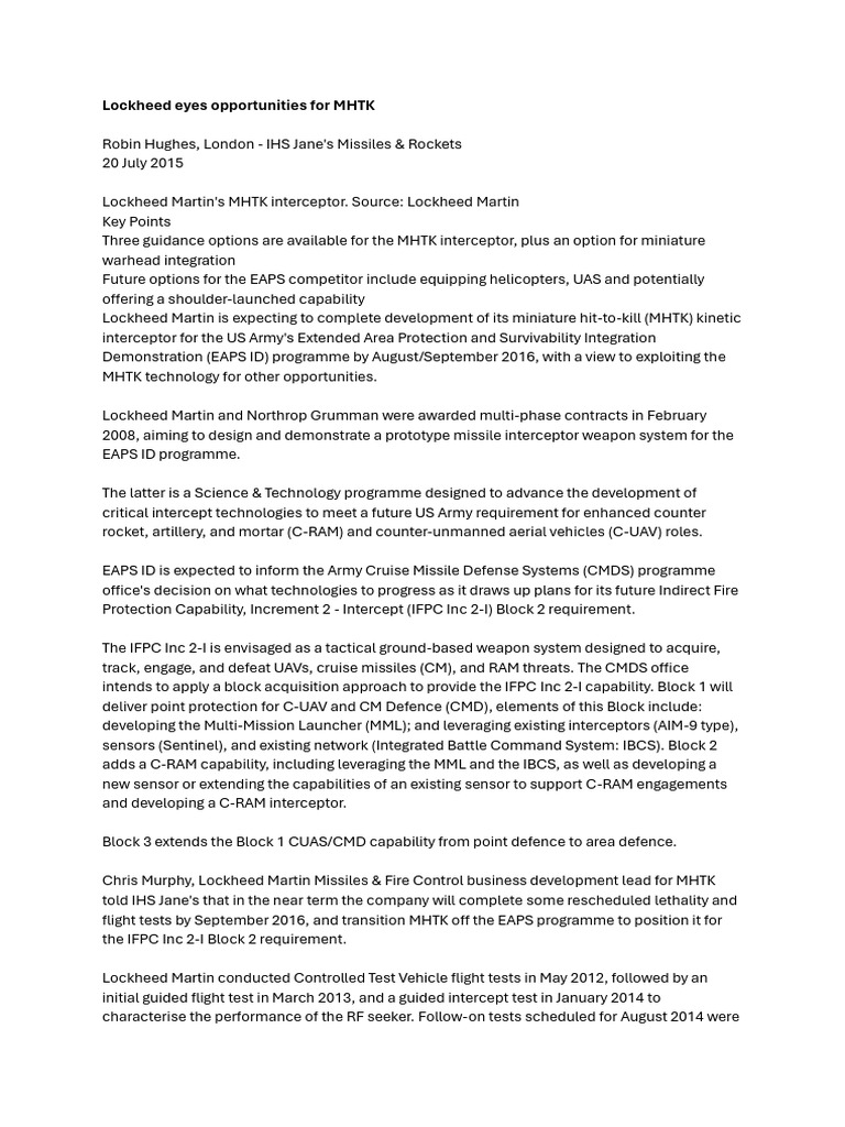Janes - News - Lockheed Eyes Opportunities For MHTK | PDF | Anti ...