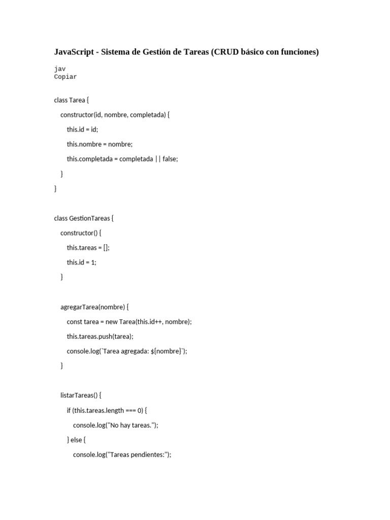 JavaScript - Sistema de Gestión de Tareas (CRUD básico con funciones) | PDF