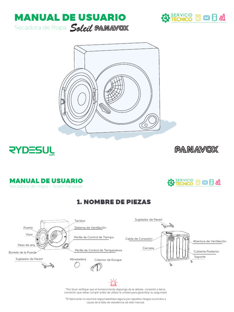 Manual de Secadora Panavox Soleil | PDF | Secadora de ropa | Enchufes y ...