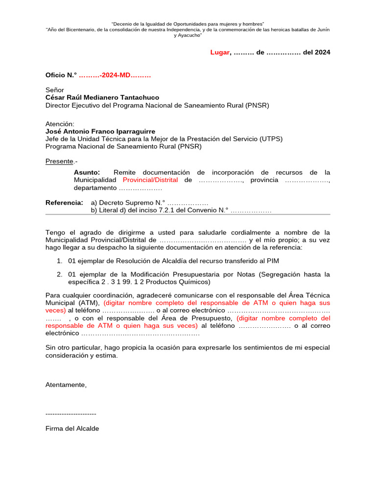 1. Modelo de Oficio para remisión a PNSR sobre incorporación de recursos | PDF