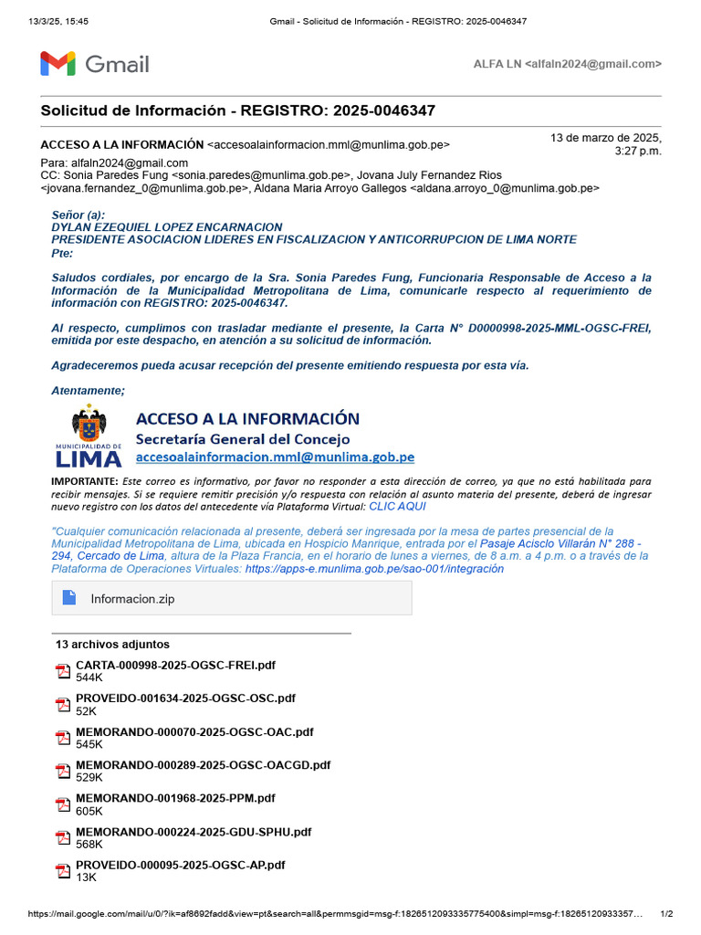 Gmail 13 MAR. 2025 15:27 Hrs. MML. Reg. N.° 2025-0046347. Rpta. A ALFA LN. 23p | PDF | Lima