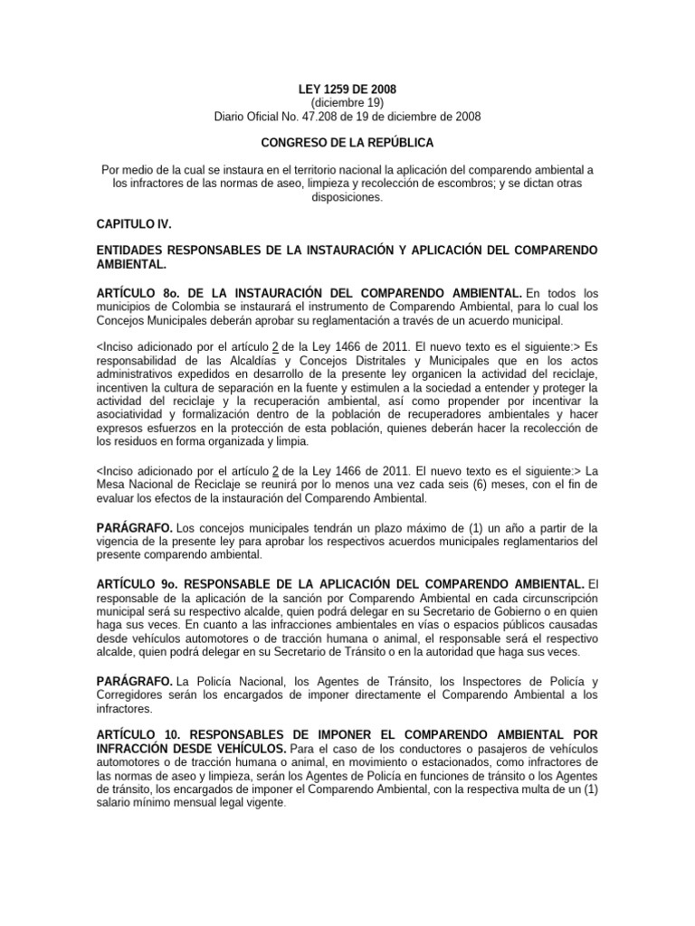 Comparendo Ambiental en Colombia: Ley 1259 | PDF | Multa (pena) | Residuos