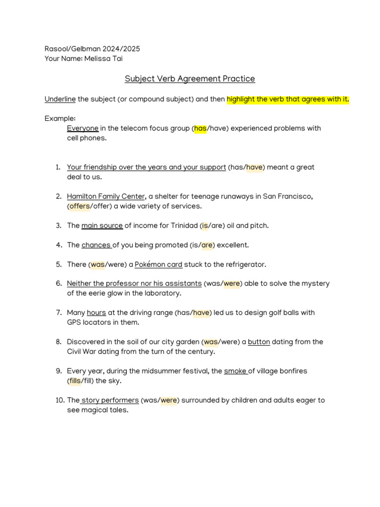 Subject-Verb Agreement Exercises | PDF