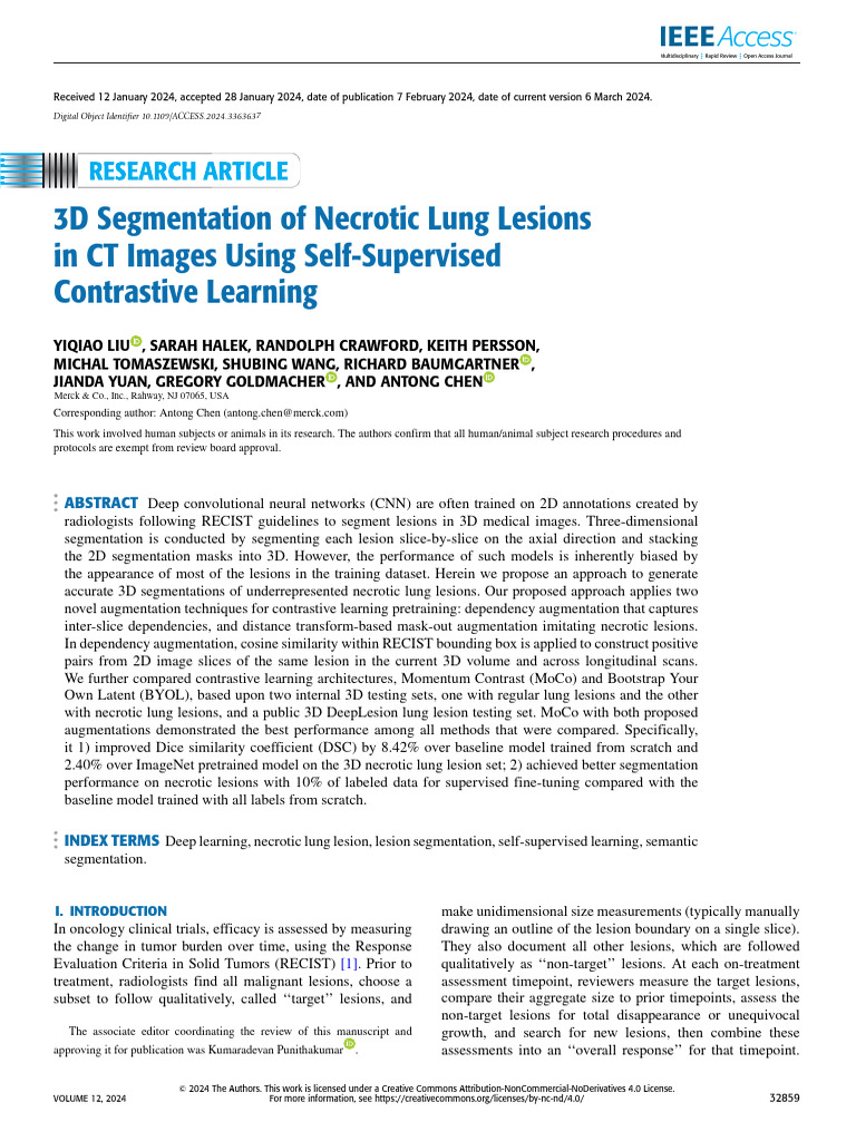 3D Segmentation of Necrotic Lung Lesions in CT Images Using Self-Supervised Contrastive Learning ...