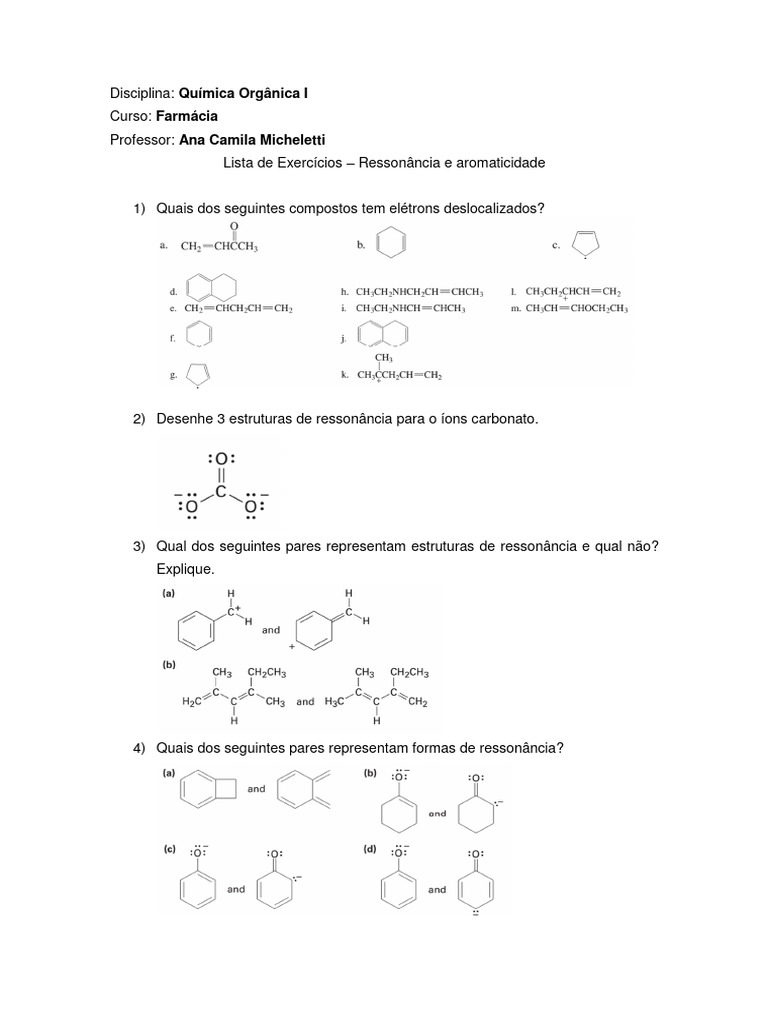 Lista Ressonância e Aromaticidade | PDF