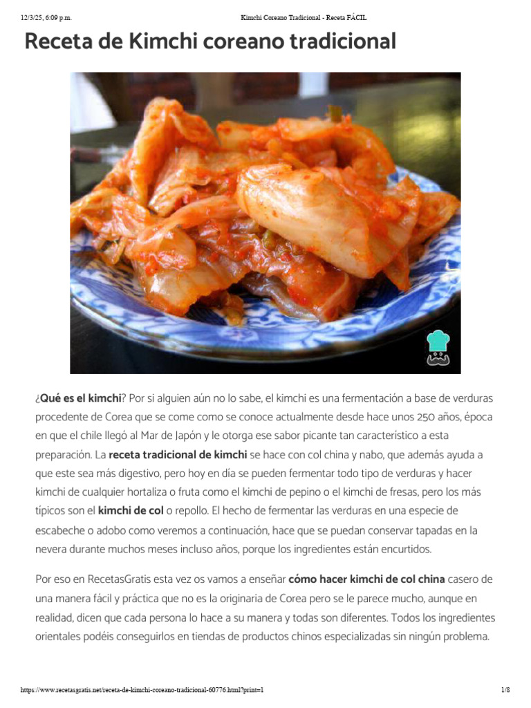 Receta de Kimchi Coreano Tradicional | PDF | Cocina coreana | Vegetales