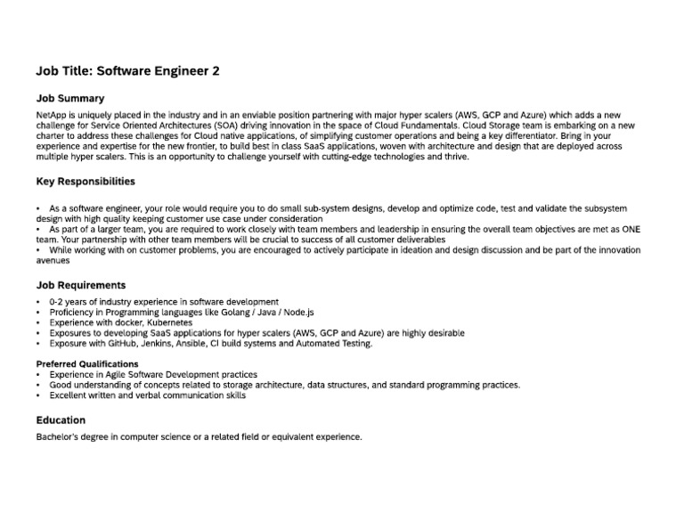 Software Engineer Position - NetApp | PDF