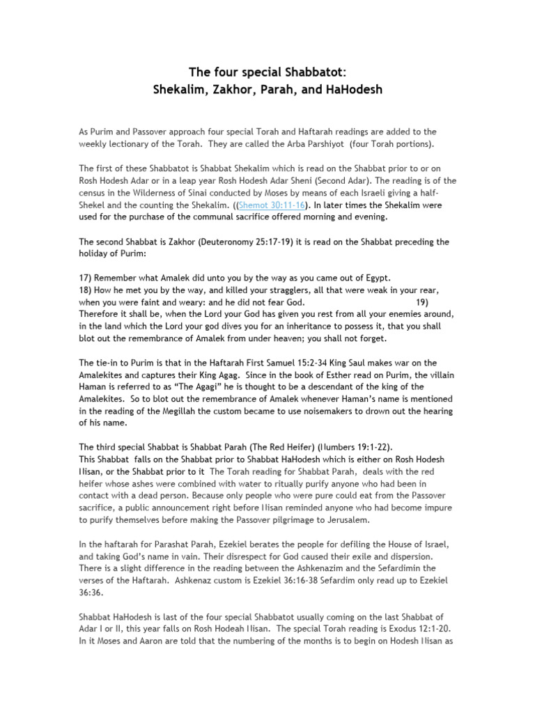 The Four Special Shabbatot | PDF | Torah | The Exodus