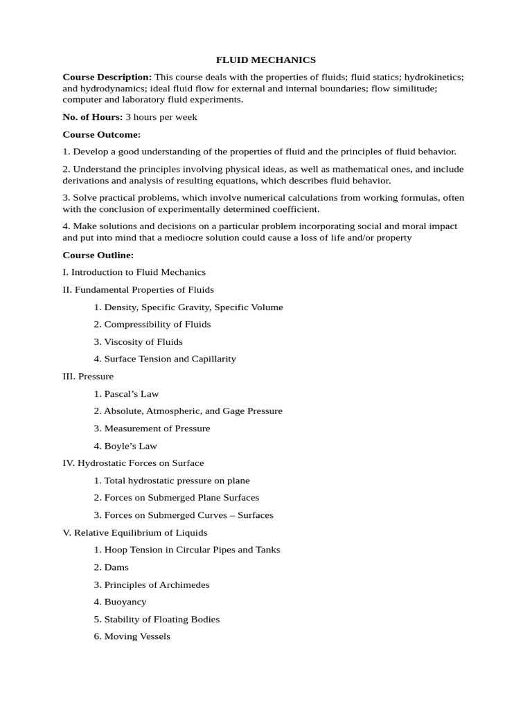 Fluid Mechanics Course Outline | PDF | Fluid Mechanics | Fluid Dynamics