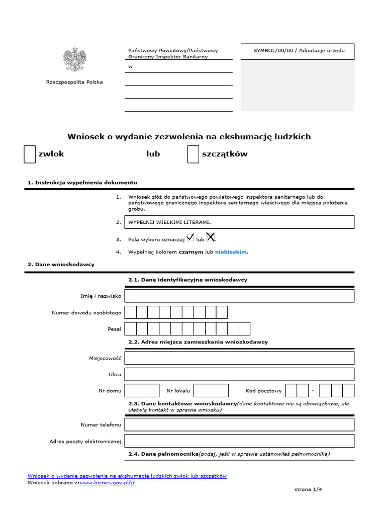 Wniosek o Zezwolenie Na Ekshumację Zwłok Lub Szczątków Ludzkich | PDF