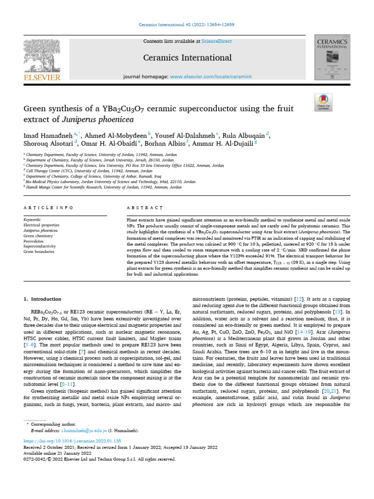Green Synthesis of A YBa2Cu3O7 Ceramic Superconductor | PDF | High ...