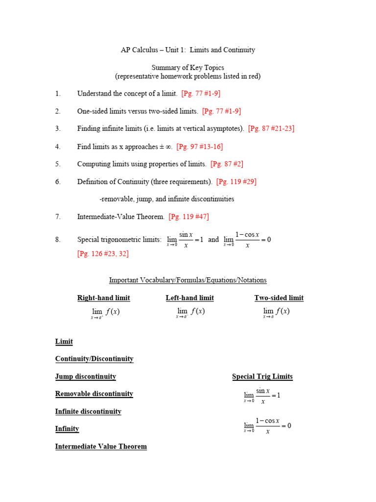 AP Calculus - Unit Topics - Unit 1 | PDF