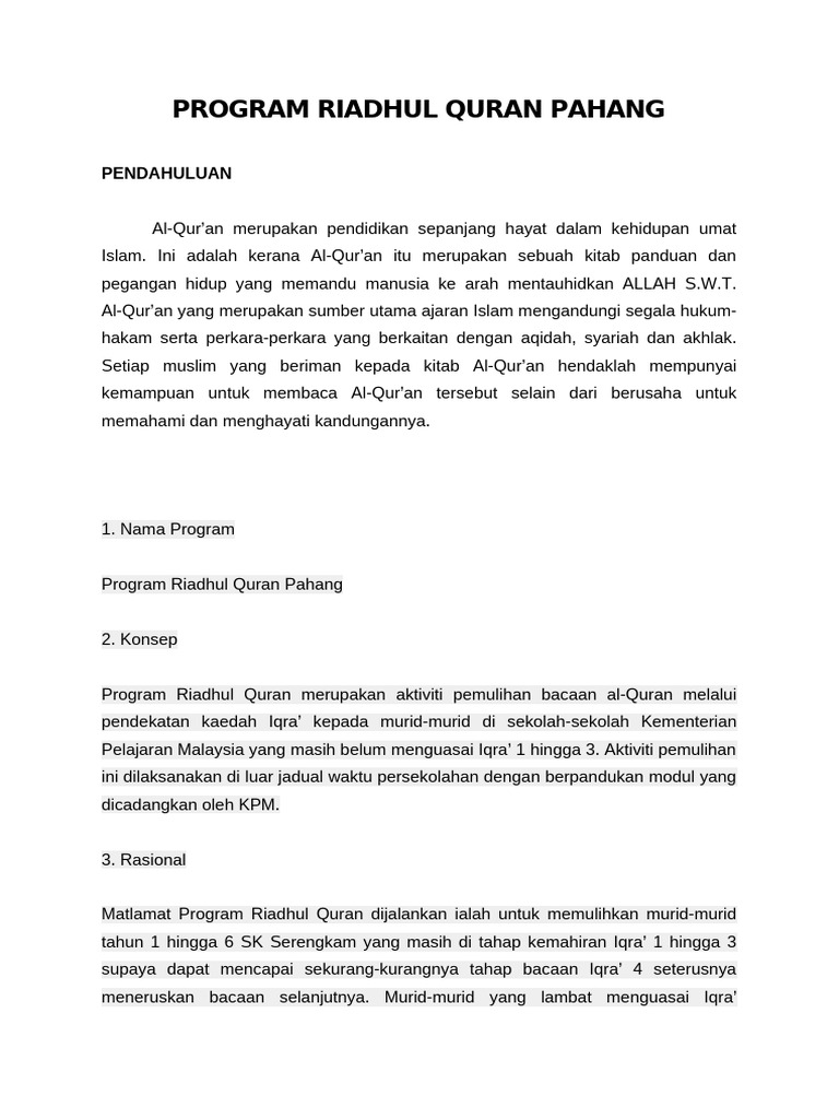 Kertas Kerja PRGM Riadhul Quran 2020 | PDF