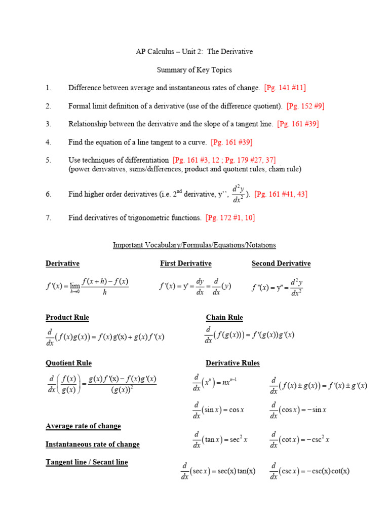 AP Calculus - Unit Topics - Unit 2 | PDF | Derivative | Trigonometric ...