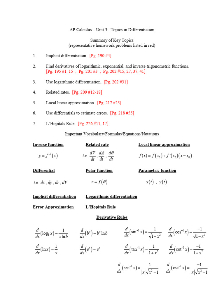 AP Calculus Unit 3: Differentiation Topics | PDF | Derivative ...
