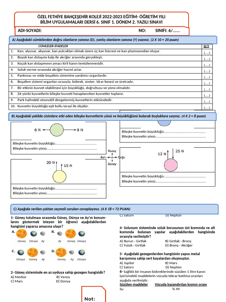 6 Fen 1 Donem 2 Yazili Ozumlu2 | PDF