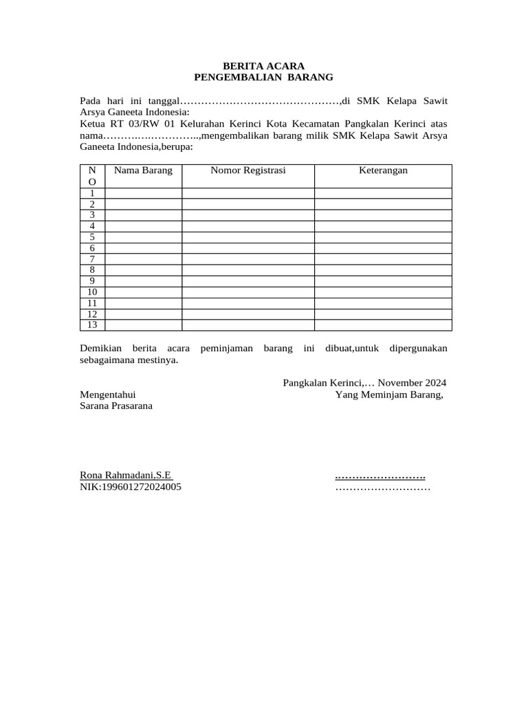 Berita Acara Pengembalian Barang | PDF