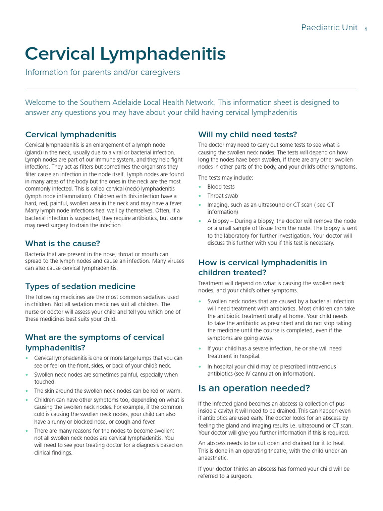 Cervical Lymphadenitis Consumer Health Information - Paediatric Unit ...