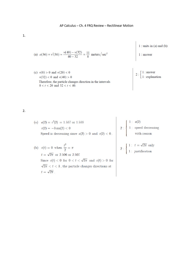 AP Calculus Ch. 4 Rectilinear Motion Review | PDF