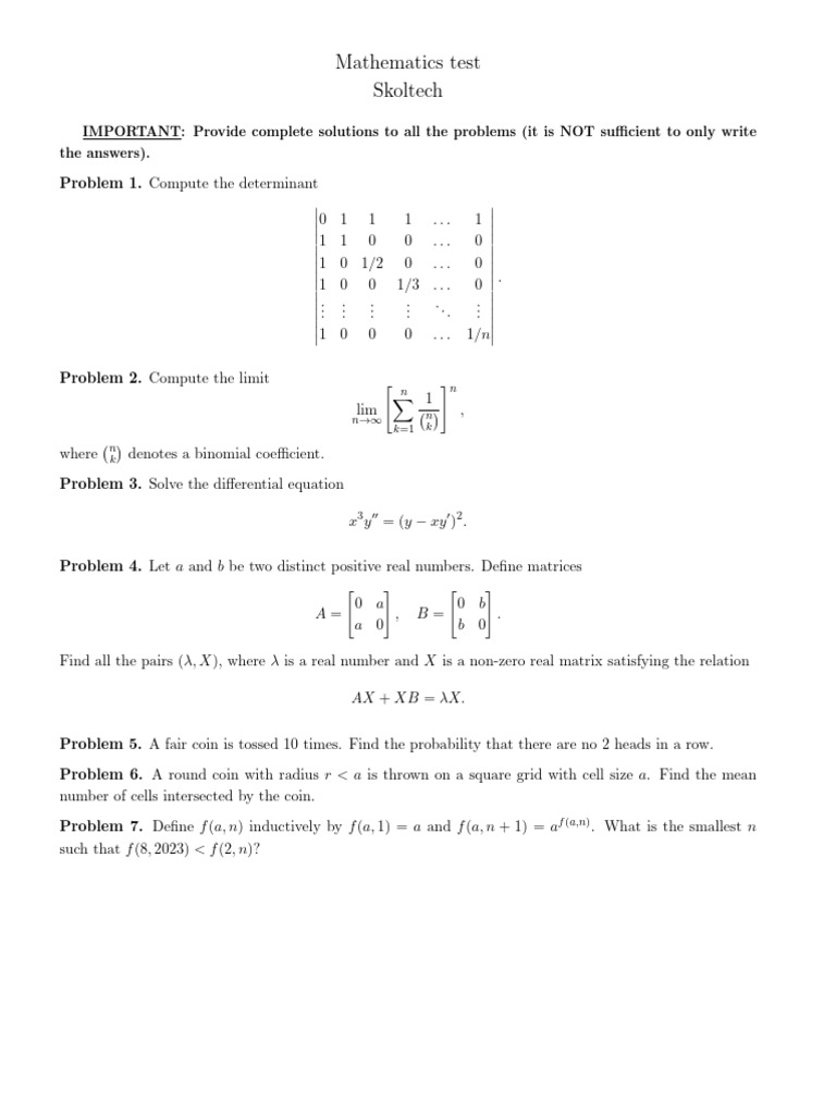 Skoltech Mathematics Test Solutions | PDF