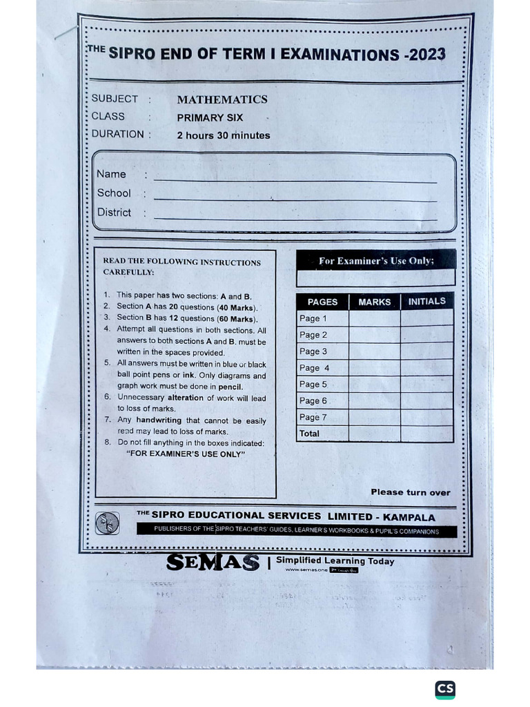 Sipro End of Term 1 p6 Maths | PDF