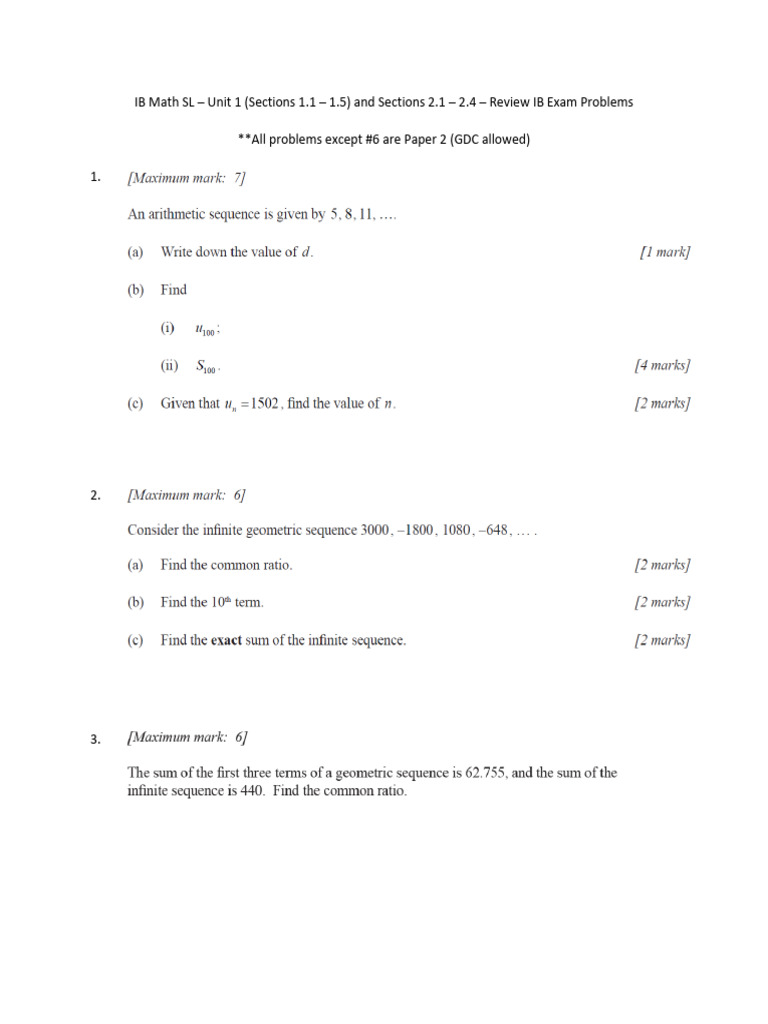 IB Math SL Unit 1 Exam Review | PDF