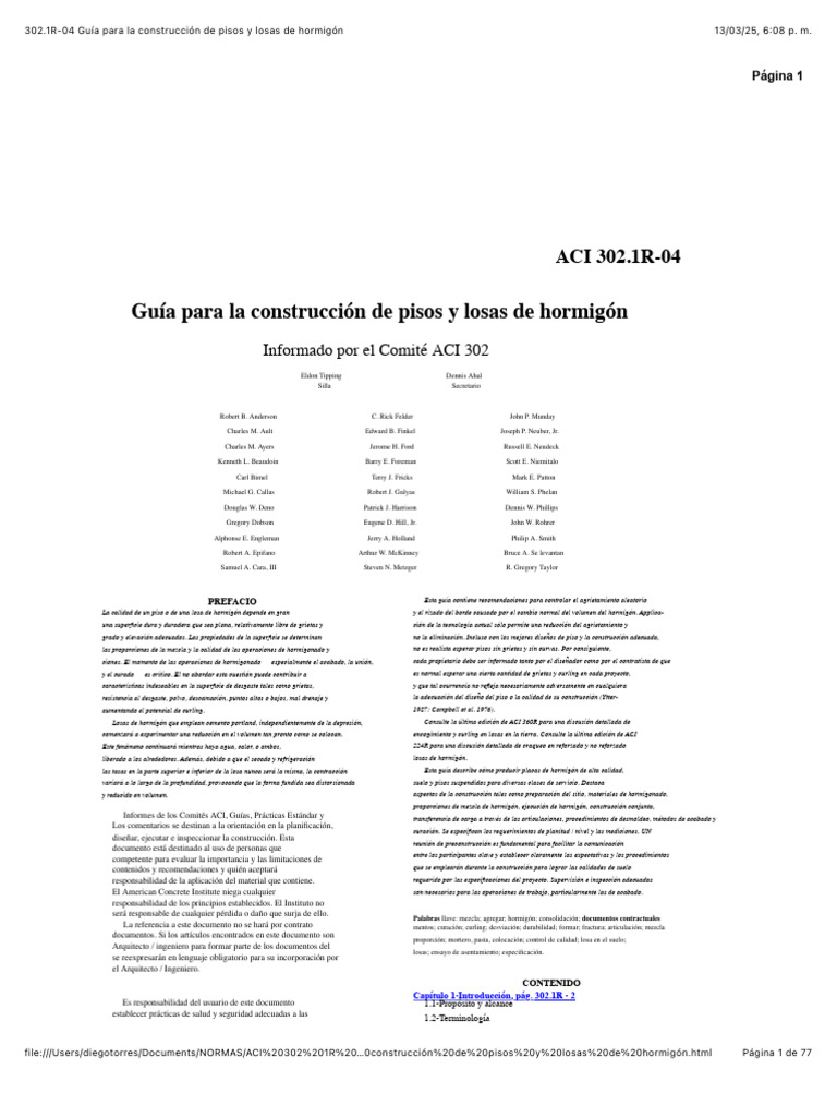 302.1R-04 Guía para La Construcción de Pisos y Losas de Hormigón | PDF | Hormigón | Arquitecto