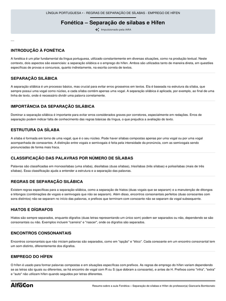 resumo-fonetica-separacao-de-silabas-e-hifen | PDF | Sílaba | Vogal