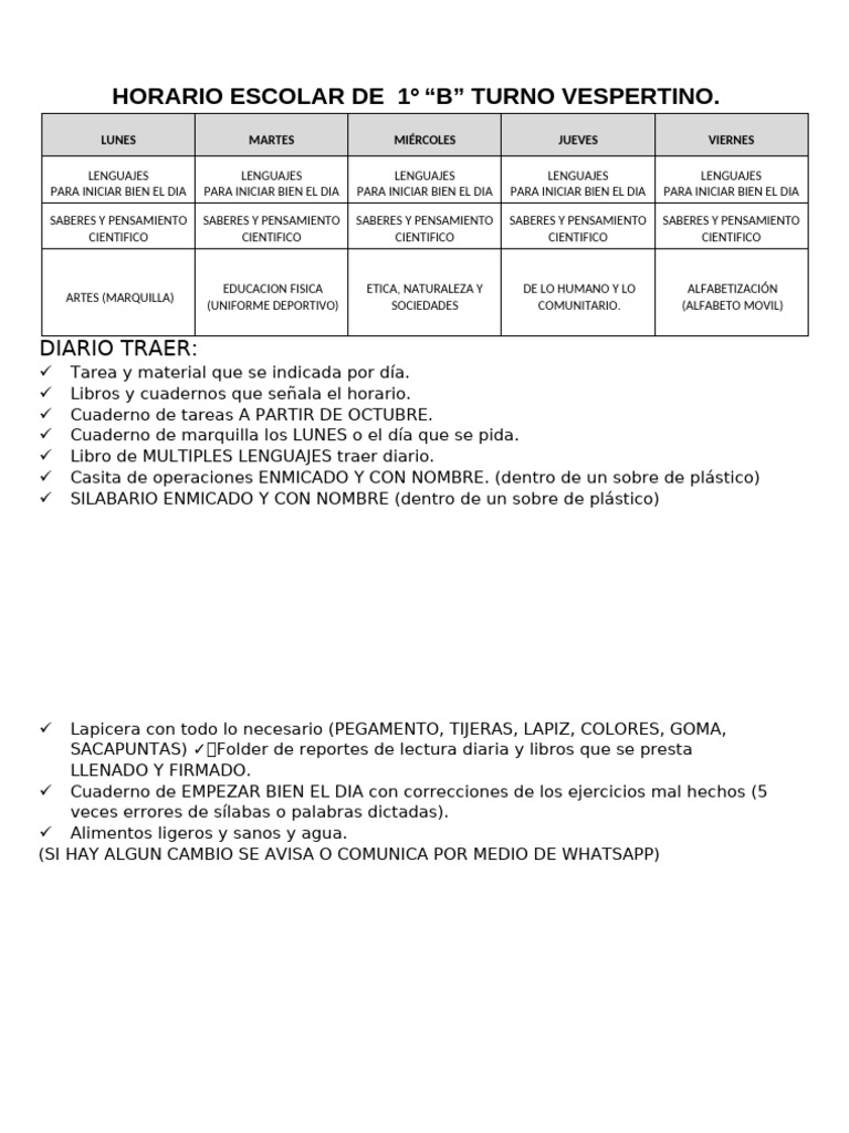 Horario Escolar 1° "B" Turno Vespertino | PDF