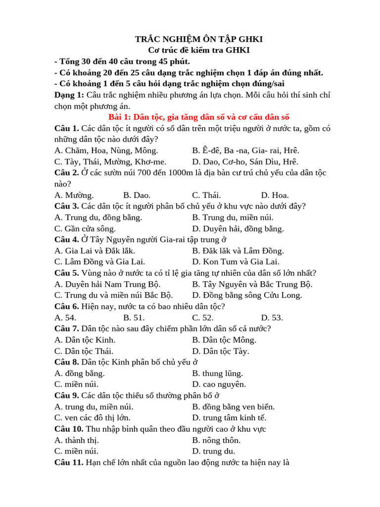 Trắc Nghiệm Ôn Tập Ghki-9a1 Ko Co Đáp Án | PDF