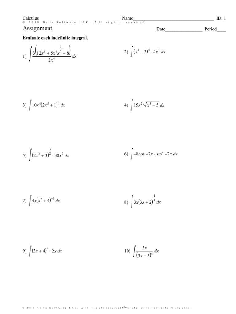 Calculus Indefinite Integral Worksheet | PDF | Calculus | Mathematical ...