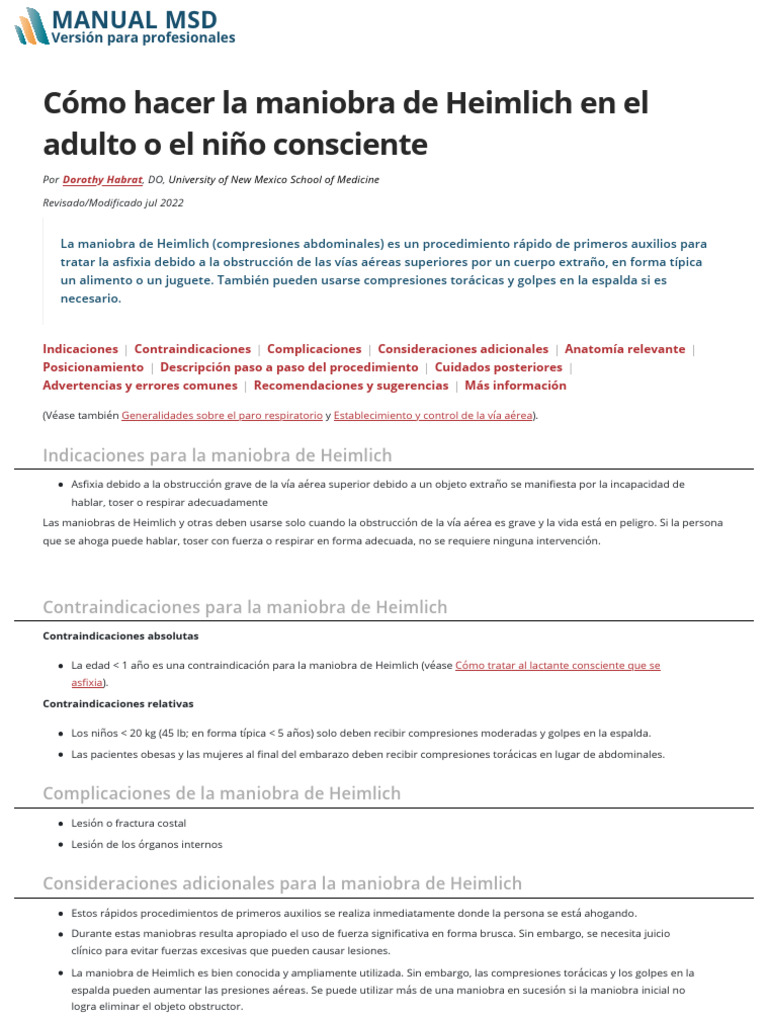 Maniobra de Heimlich en El Adulto o El Niño Consciente - Cuidados ...