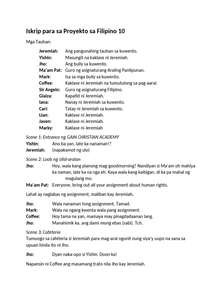 Iskrip para Sa Proyekto Sa Filipino 10 | PDF