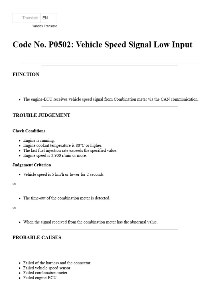 Code No. P0502_ Vehicle Speed Signal Low Input | PDF | Vehicle Parts | Internal Combustion Engine