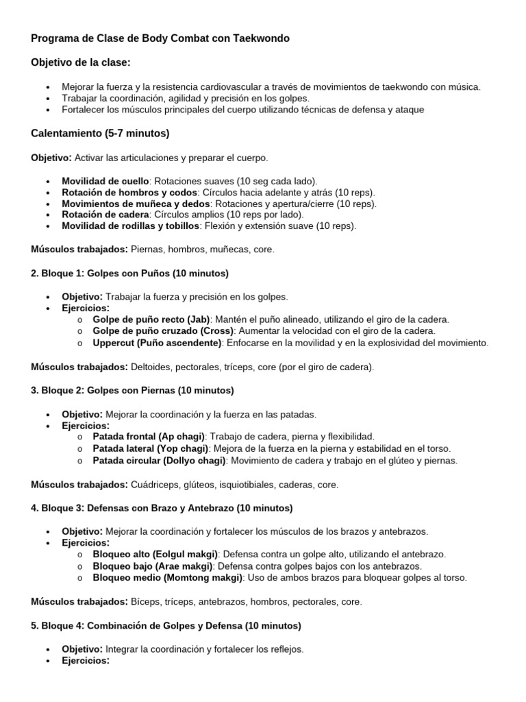 Programa de Clase de Body Combat Con Taekwondo | PDF | Taekwondo