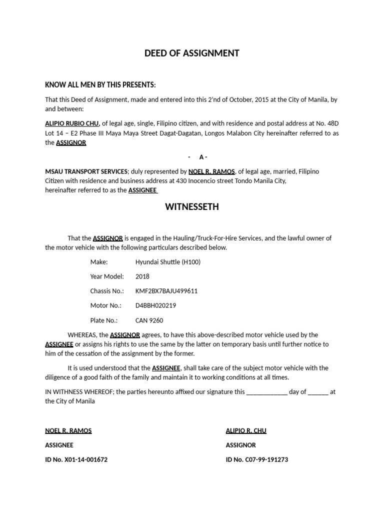 DEED OF ASSIGNMENT - Alipio Chu | PDF | Assignment (Law) | Business Law