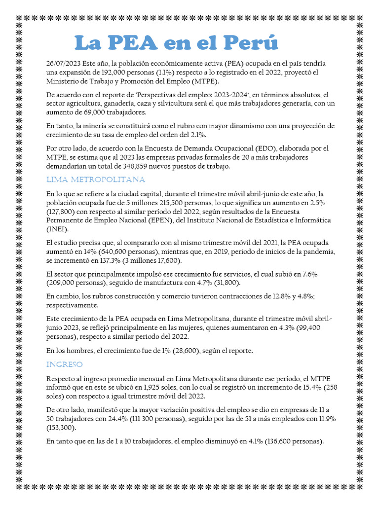 Crecimiento de la PEA en Perú 2023 | PDF | Empleo | Lima