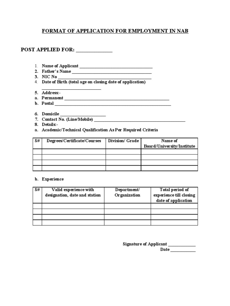 NAB Employment Application Format | PDF | Career & Growth