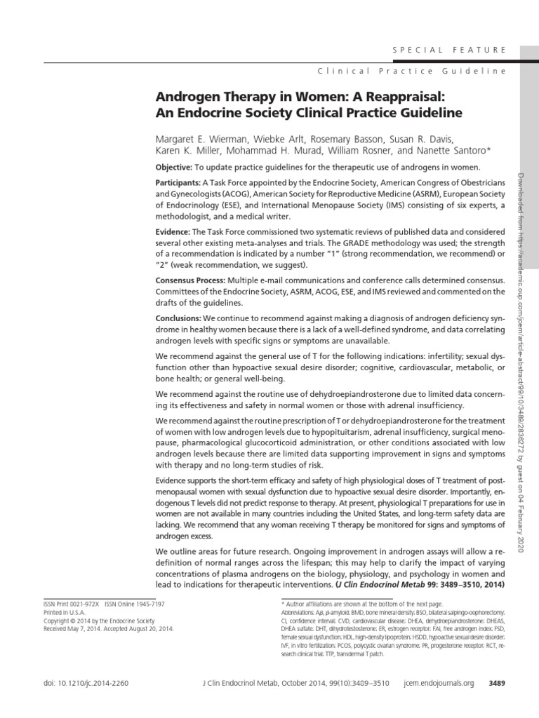 Androgen Therapy in Women - A Reappraisal - An Endocrine Society Clinical Practice Guideline ...