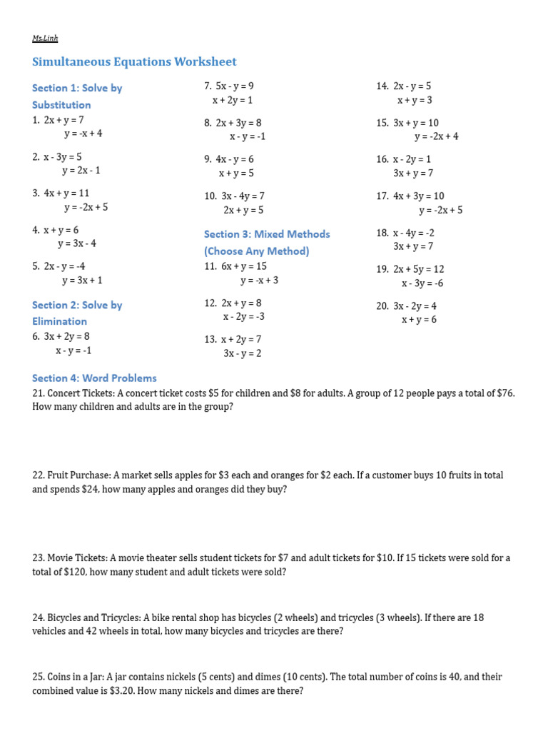 Simultaneous Equations Worksheet | PDF | Nickel (United States Coin ...