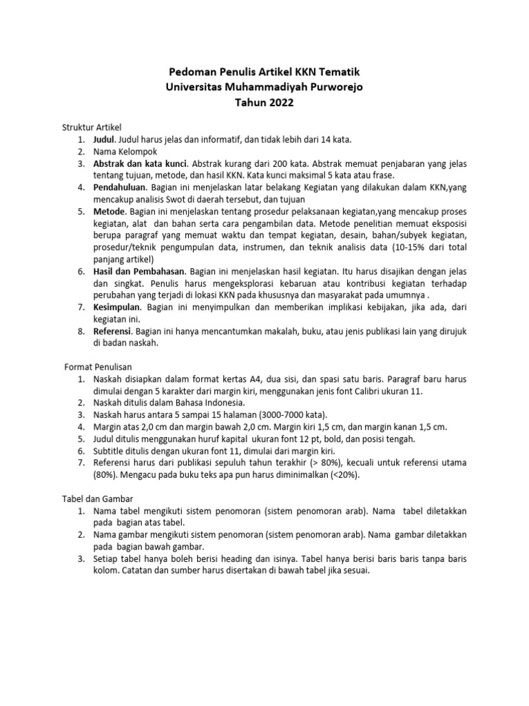 Pedoman Penulisan Artikel KKN Tematik 2022 | PDF