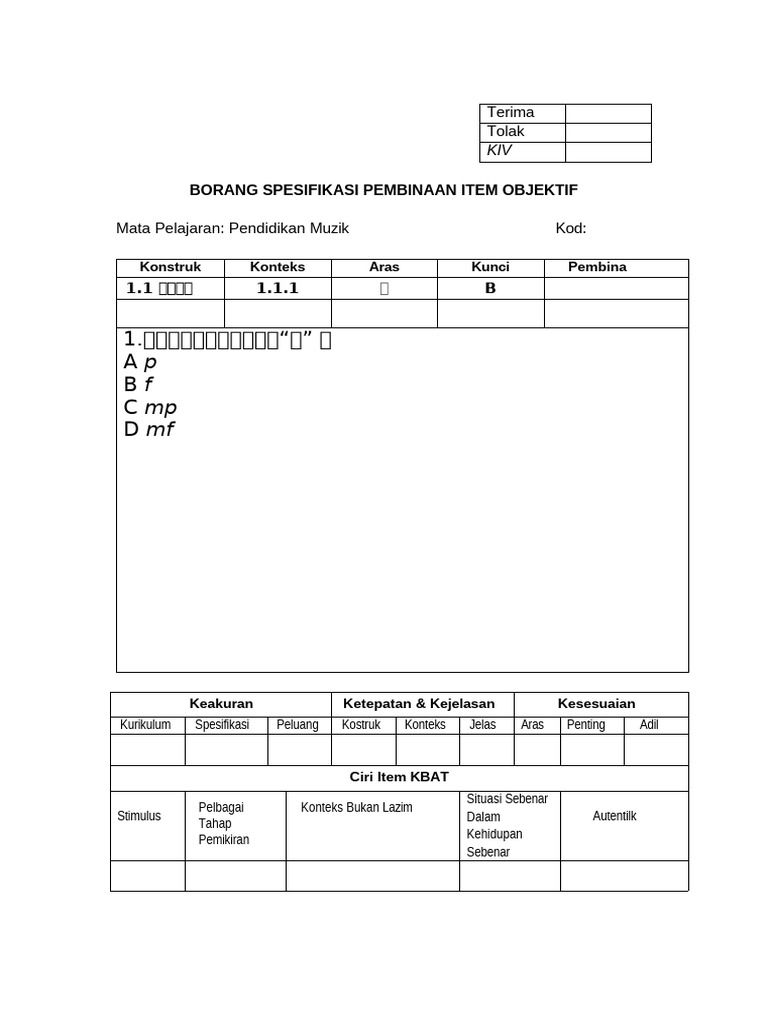 Borang Spesifikasi Pembinaan Item Objektif Muzik | PDF