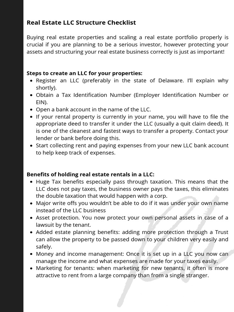 Real Estate LLC Structure Checklist - RGO 2 1 1 1 | PDF | Limited ...