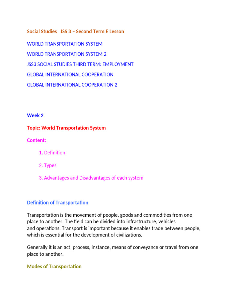 Social Studies JSS 3 3rd Term | PDF | Transport | Unemployment