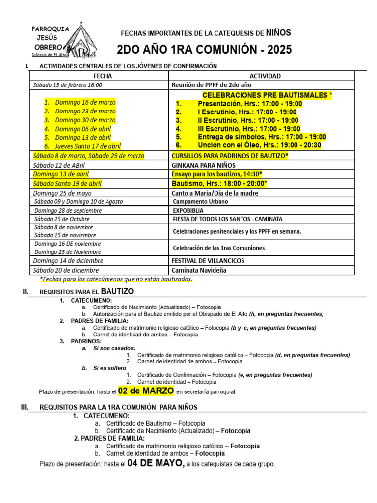 Fechas Comunion 2do Año 2025 | PDF | Bautismo | Padrino