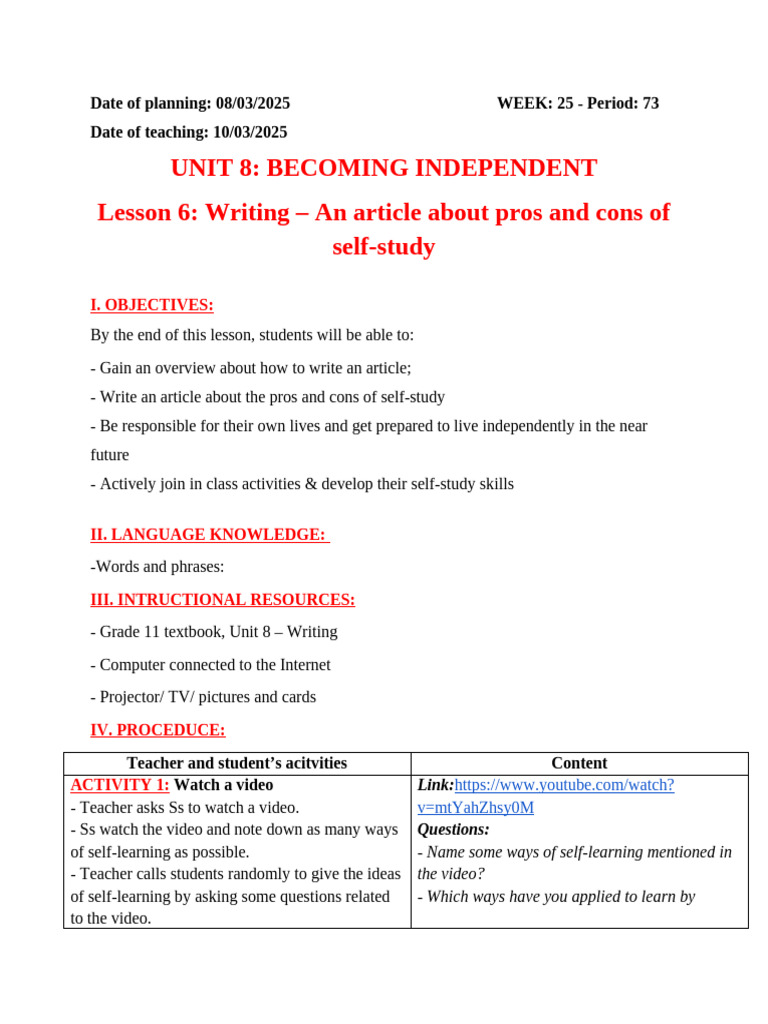 Unit 8: Becoming Independent Lesson 6: Writing - An Article About Pros and Cons of Self-Study ...