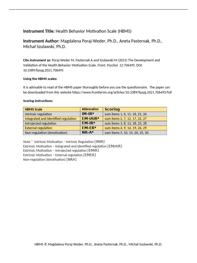 The Health Behavior Motivation Scale and Scoring | PDF | Motivational ...